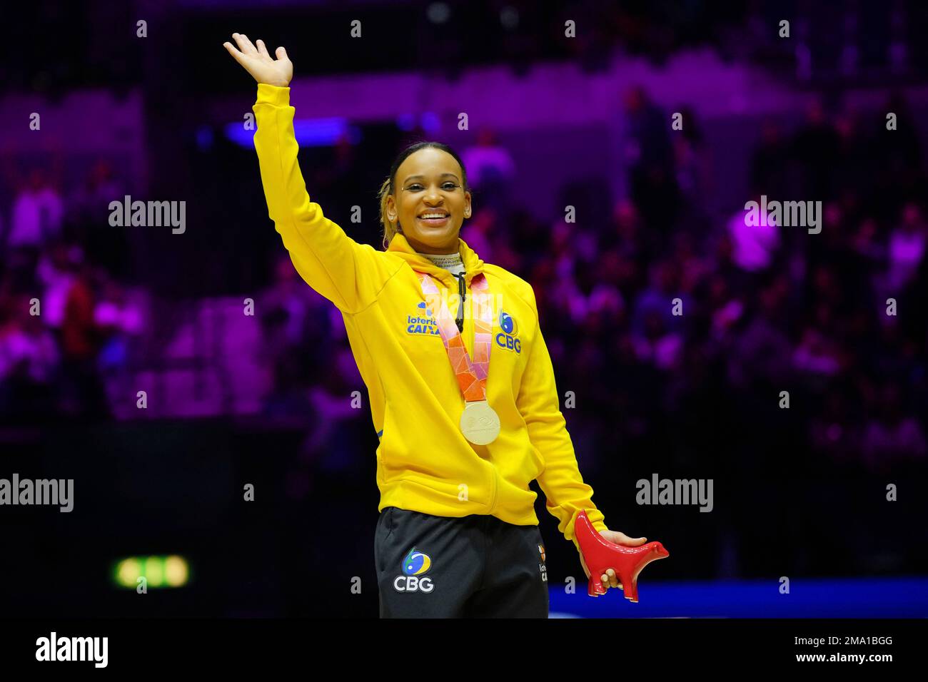 Gold medalist Rebeca Andrade of Brazil celebrates during a medal ... Gold medalist Rebeca Andrade of Brazil celebrates during a medal ...