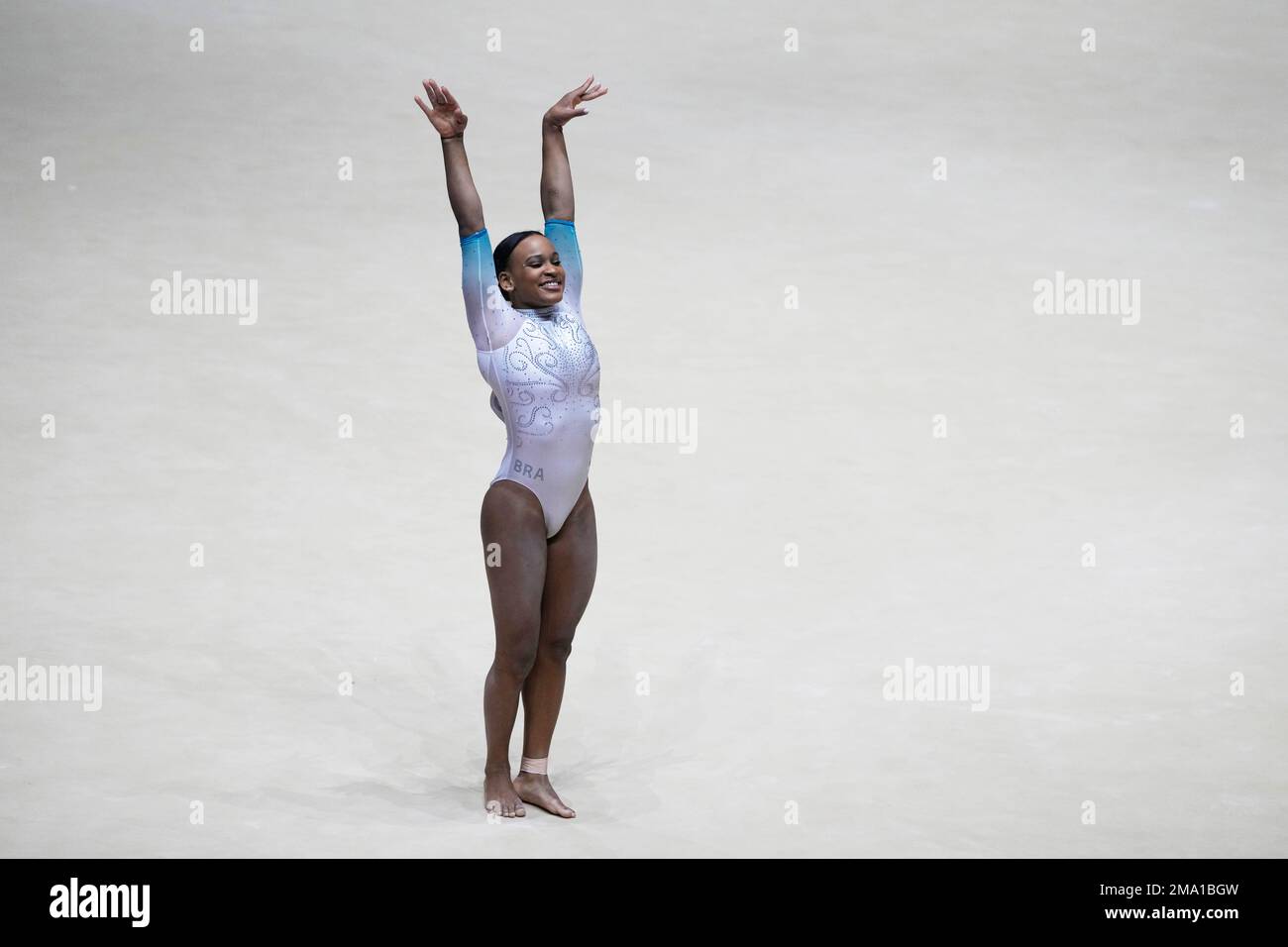 Rebeca Andrade of Brazil celebrates after her routine on the floor ...