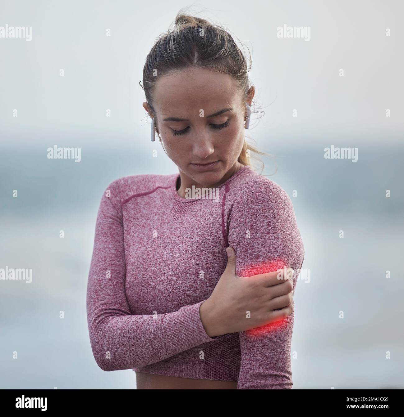 Arm pain, fitness and training woman with medical exercise injury ...