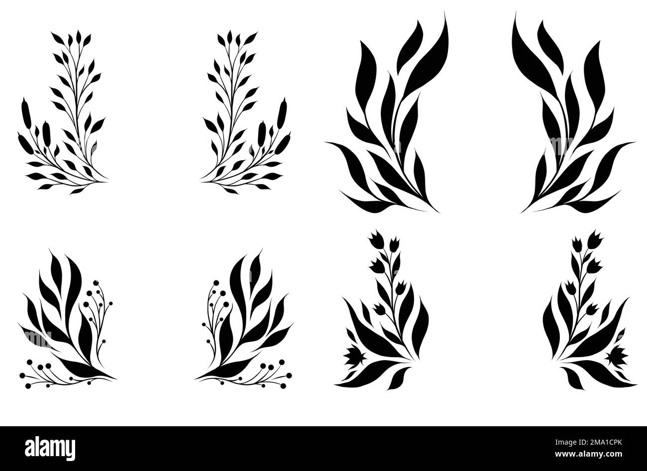 Vector set of monochrome wreaths with twigs and stems with foliages ...