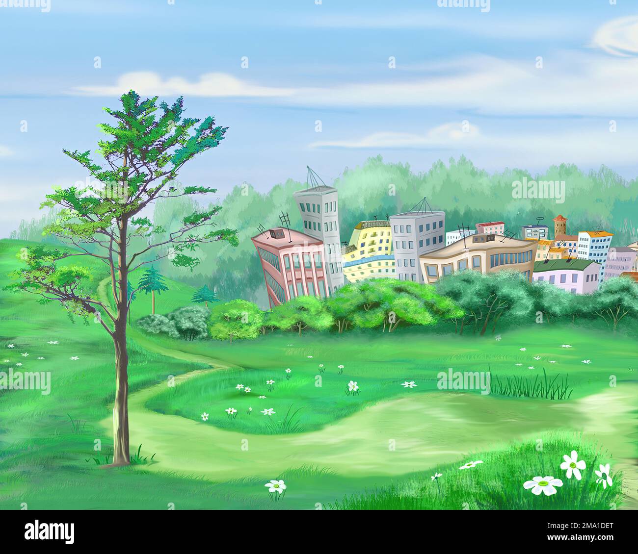 Suburban landscape with tree on a summer day. Modern village in nature ...