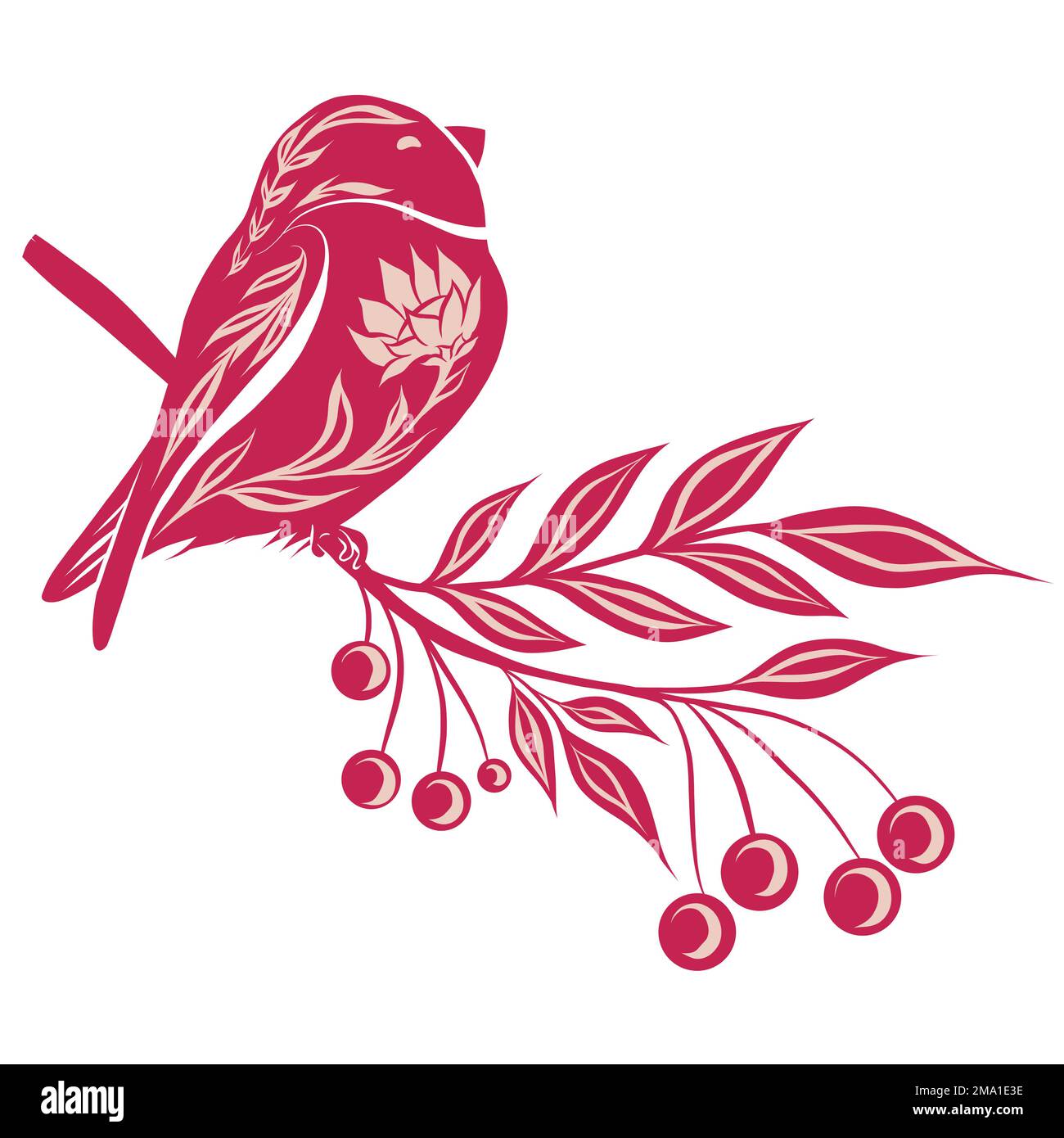 Vectir decorative illustration with birds and rowan berries on branches ...
