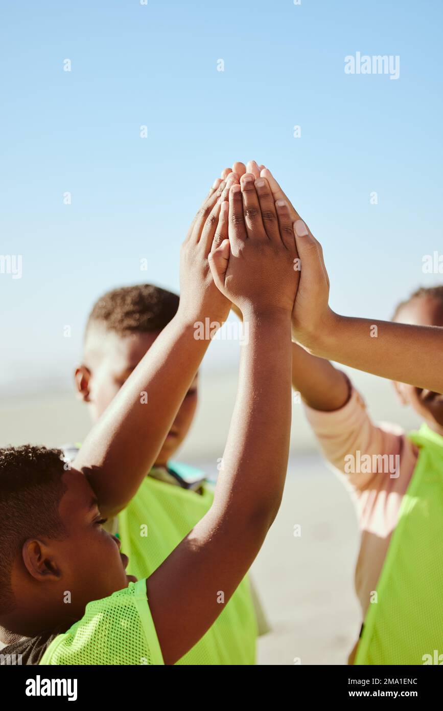 Friends, hands and children high five in support of community, teamwork ...