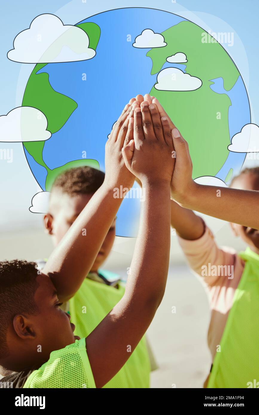 Earth, hands and high five by volunteer children collaboration to ...