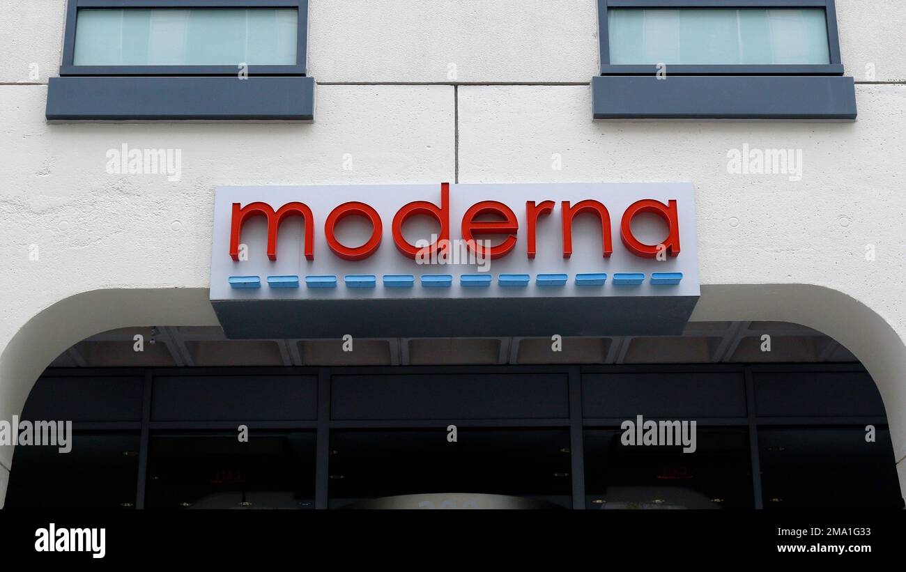 FILE - A sign marks an entrance to a Moderna building in Cambridge ...