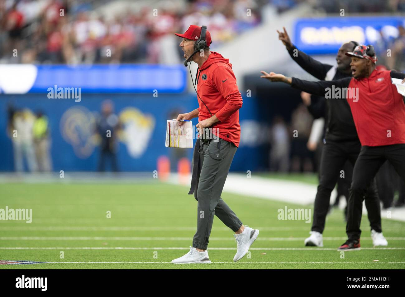 San Francisco 49ers head coach Kyle Shanahan yells during an NFL ...