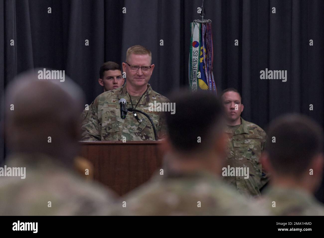 Col. Brian Moore, 51st Maintenance Group commander, provides remarks ...