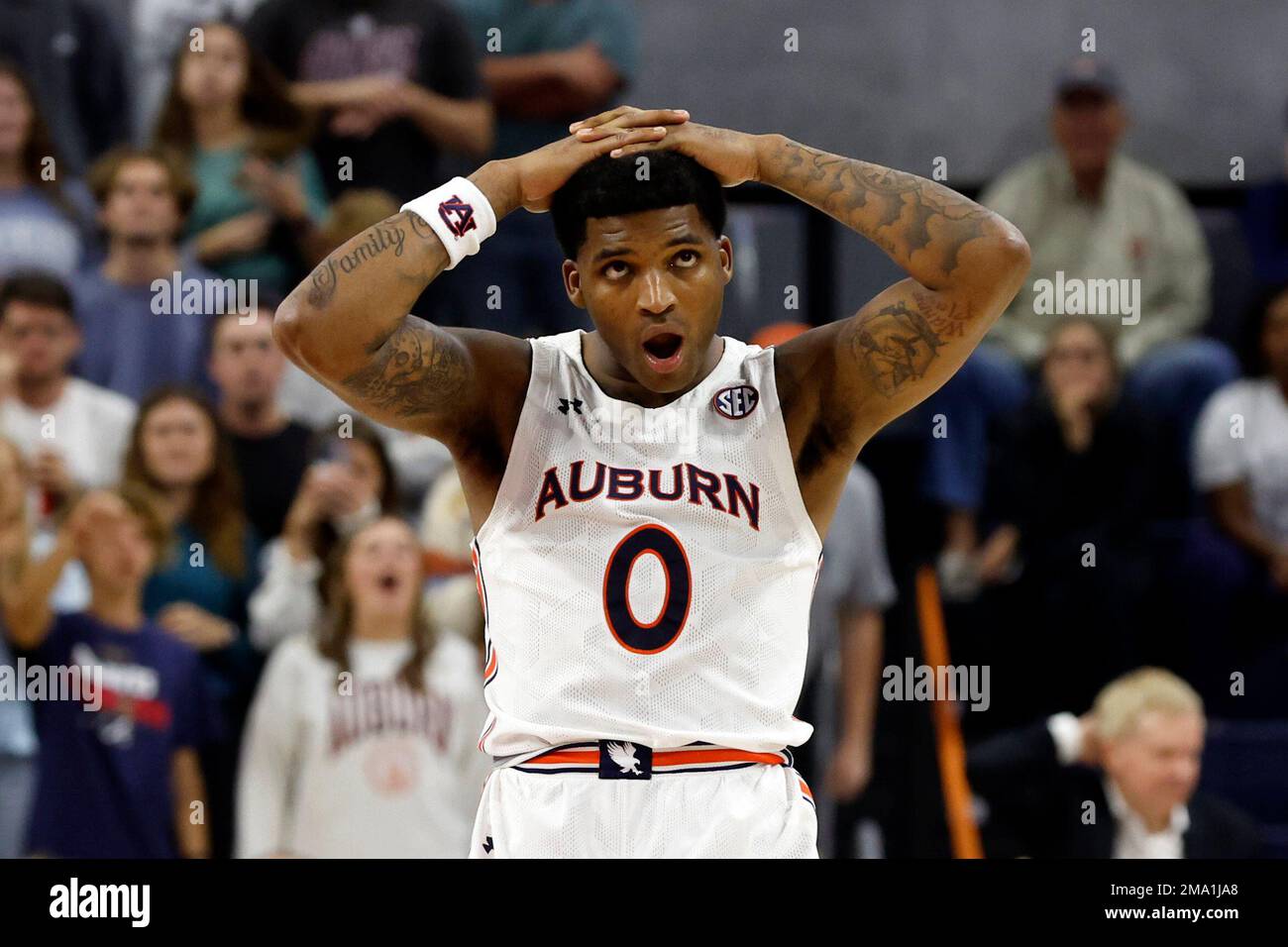Auburn guard K.D. Johnson reacts to a foul call during the second half ...
