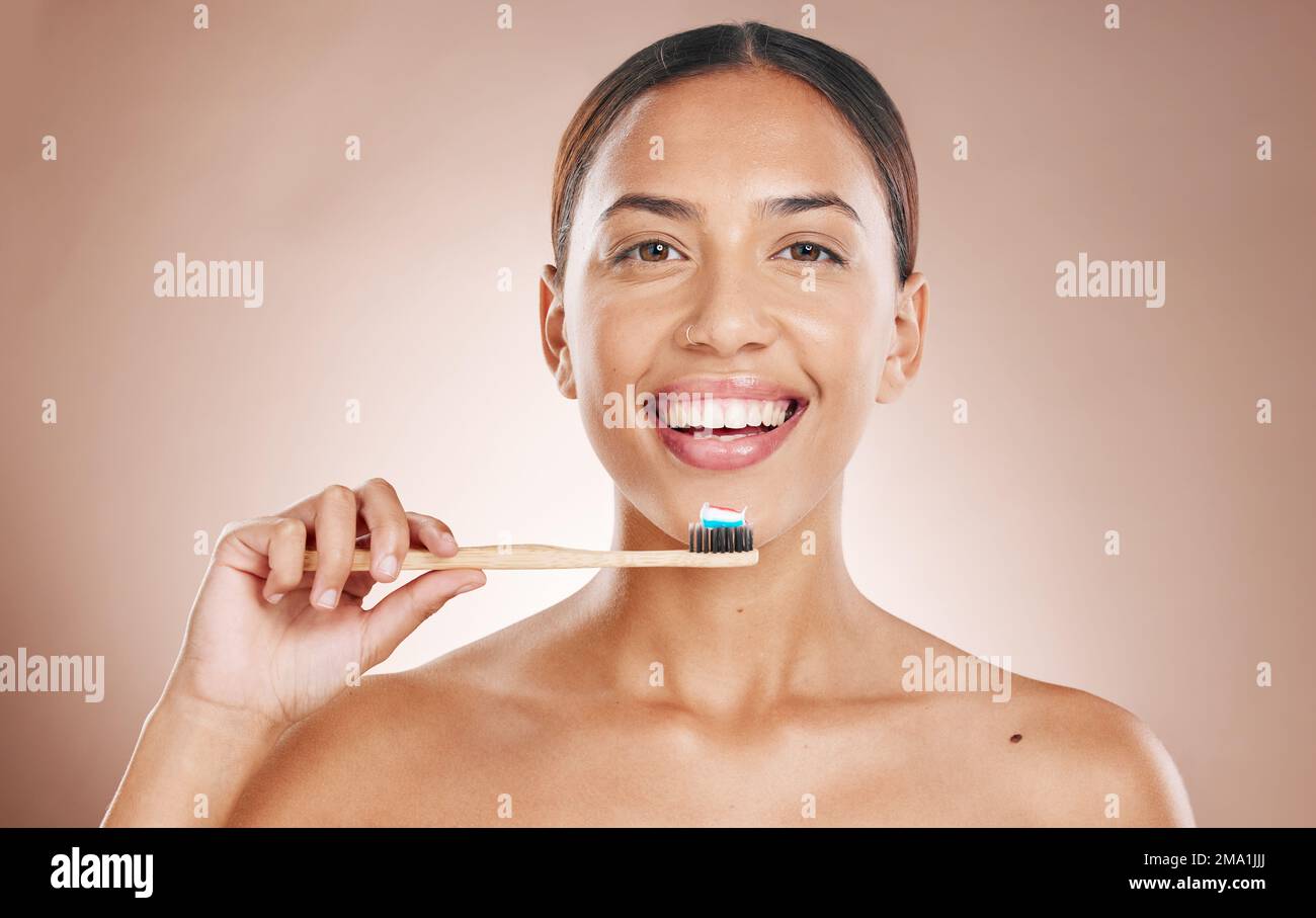 Woman, portrait or brushing teeth in grooming, dental hygiene or ...