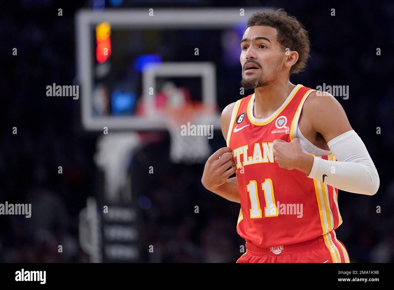 Atlanta Hawks guard Trae Young reacts during the first half of the team ...