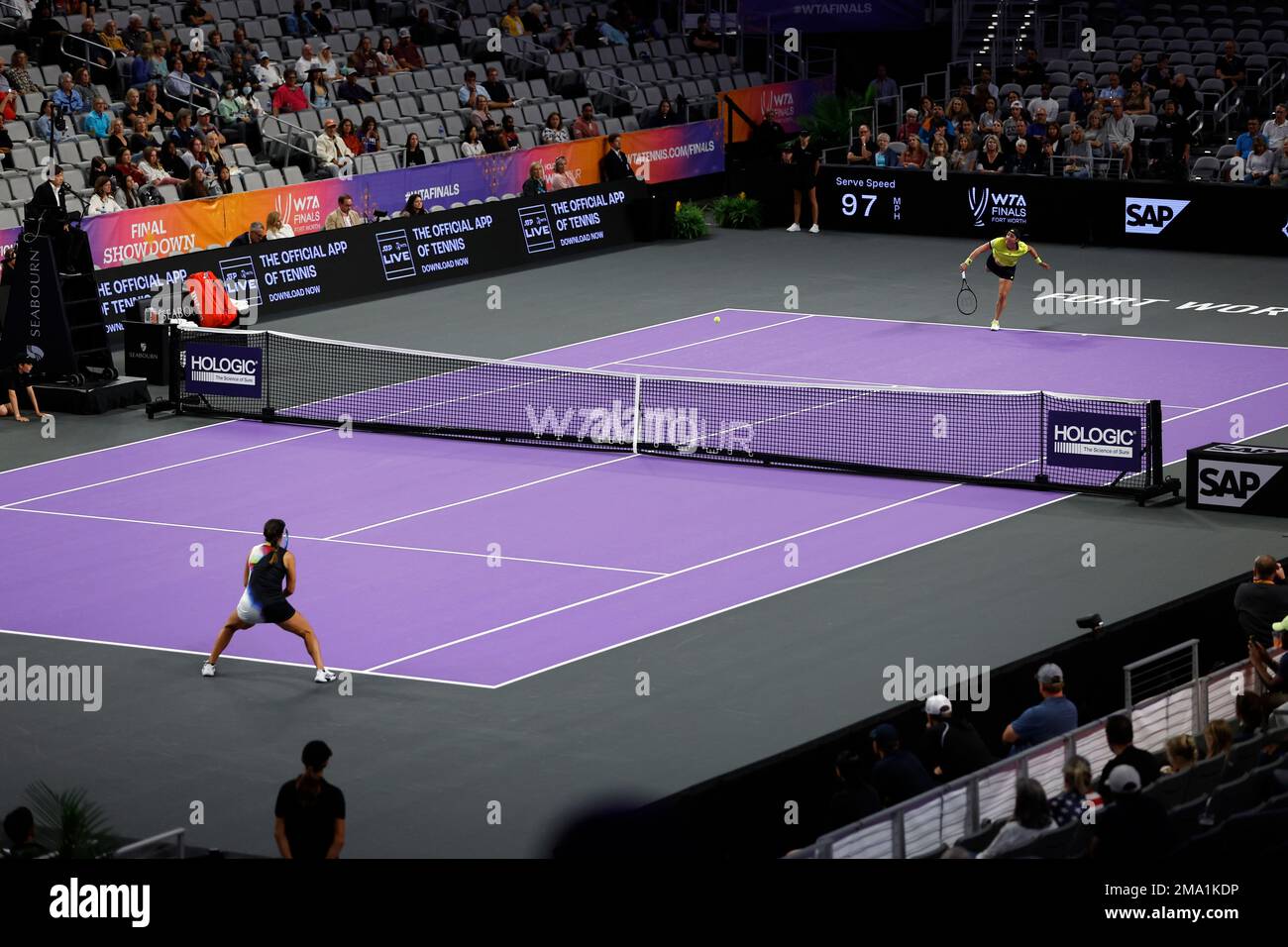 Ons Jabeur of Tunisia, right, serves to Jessica Pegula during round ...