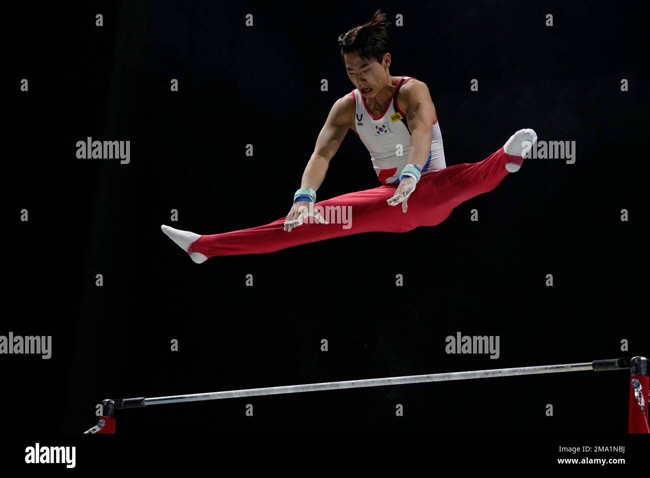 Kim Jaeho of South Korea competes on the horizontal bar at the Men's ...