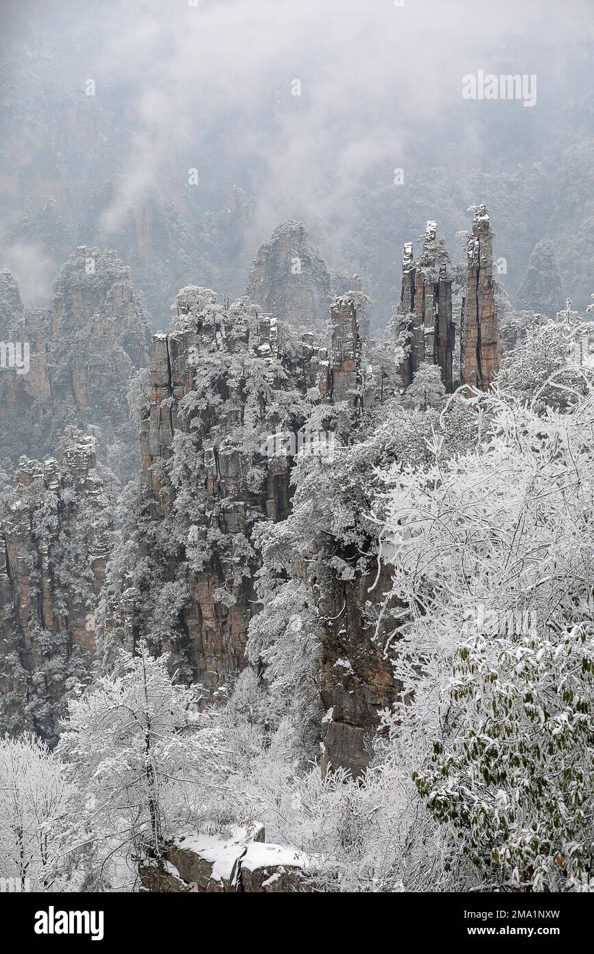 Aerial photo shows the snow scenery of Tianzi mountain in Zhangjiajie ...