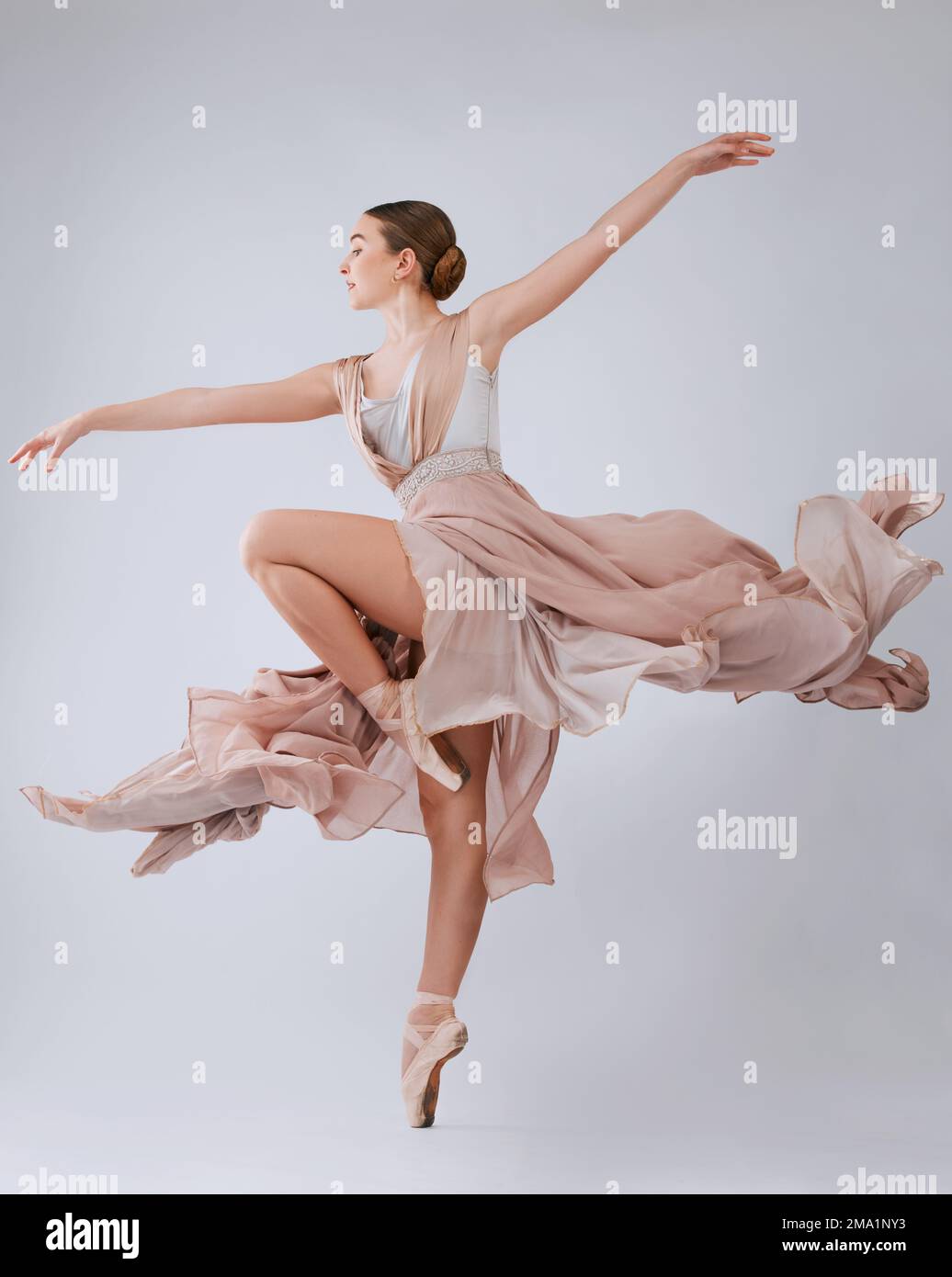 Woman dancing, ballet and studio background with balance, art movement ...