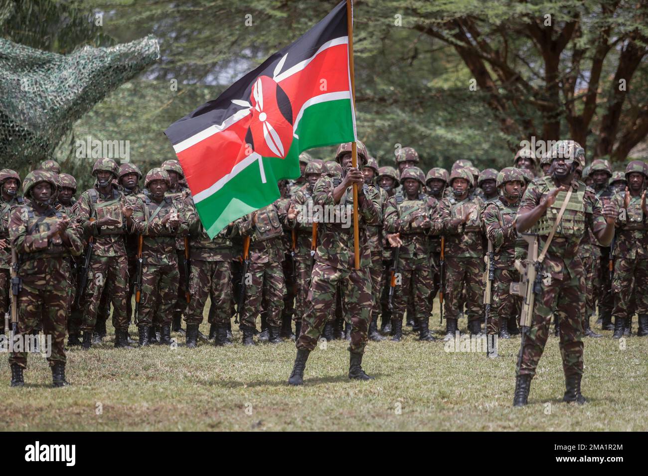 Members of the Kenya Defence Forces (KDF) take part in a flag-handover ceremony, ahead of a ...