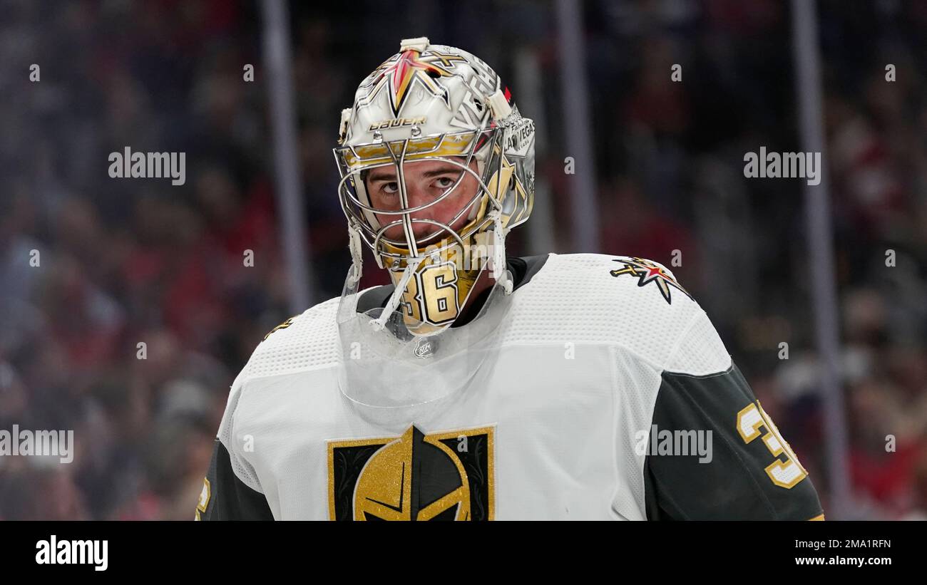 Vegas Golden Knights goaltender Logan Thompson skates in the first ... Vegas Golden Knights goaltender Logan Thompson skates in the first ...