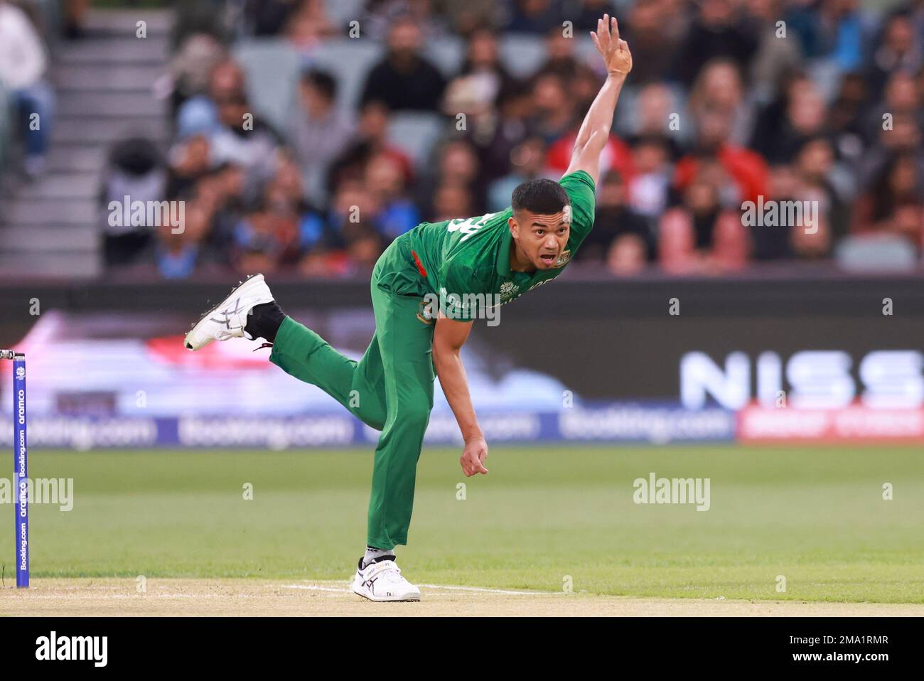 Bangladesh's Taskin Ahmed bowls during the T20 World Cup cricket match between India and ...