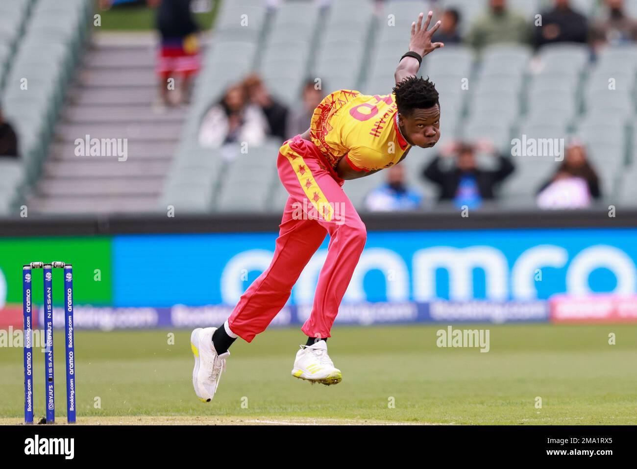 Zimbabwe's Blessing Muzarabanis bowls during the T20 World Cup cricket ...