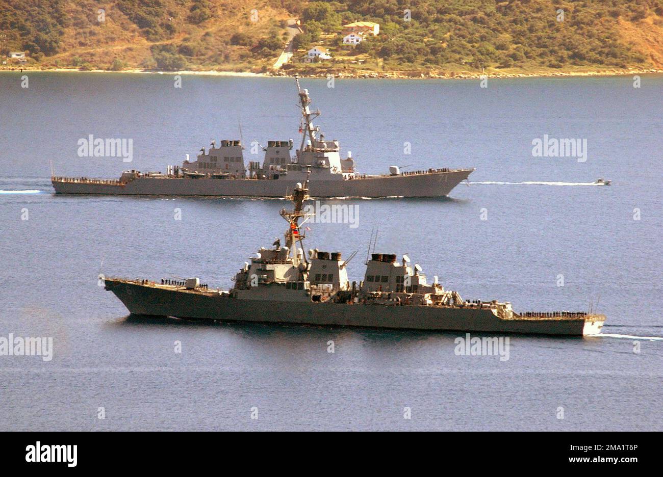 The US Navy (USN) Arleigh Burke Class Destroyer USS ROSS (DDG 71), top ...