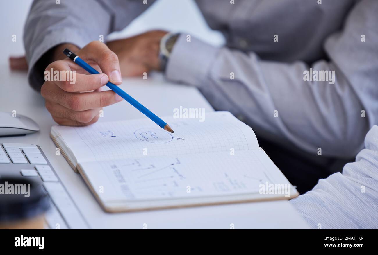 Businessman hands, book and notes at desk for coaching, learning and ...