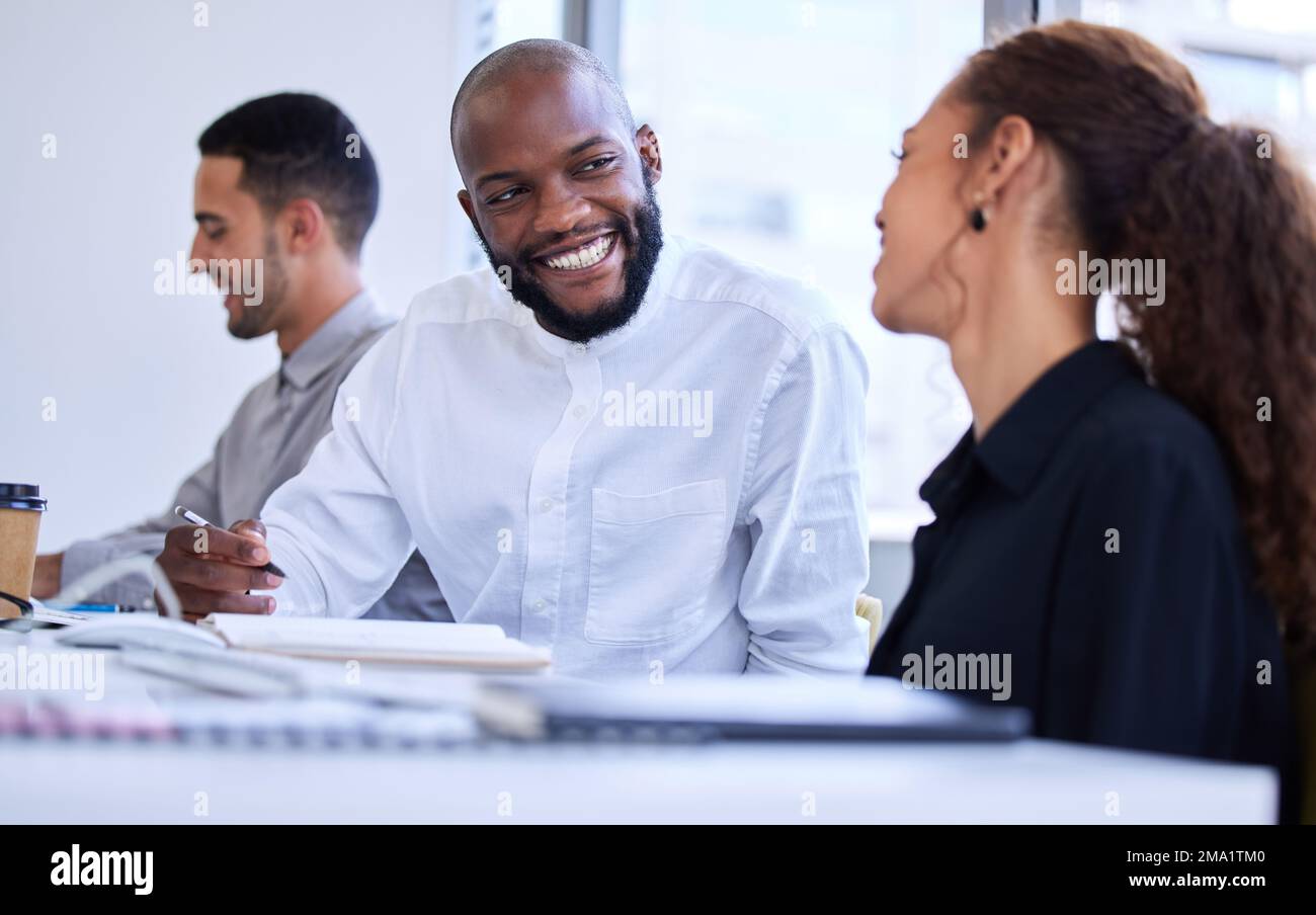 Planning, collaboration and teamwork of black people with smile in ...