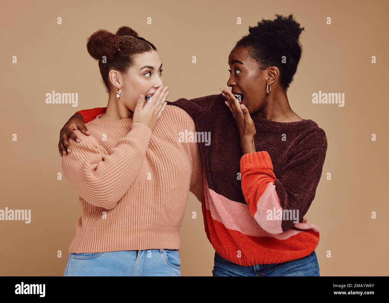 Gossip, friends and surprise face of young women with a secret and ...