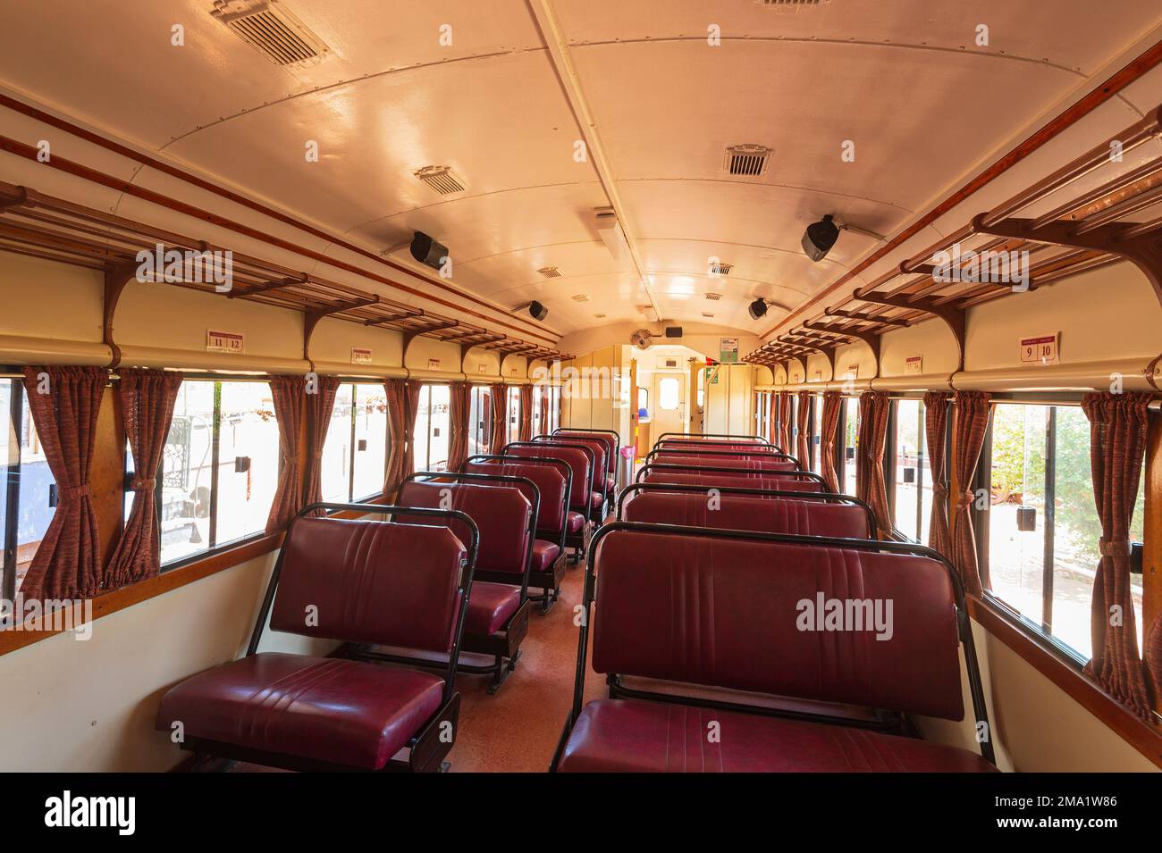 Inside a carriage of the old RM93 Gulflander, a popular tourist ...