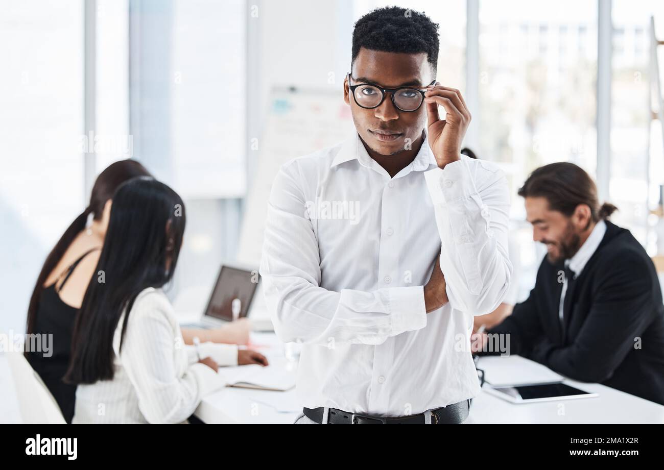 Leader black man, portrait and business people in meeting, discussion ...