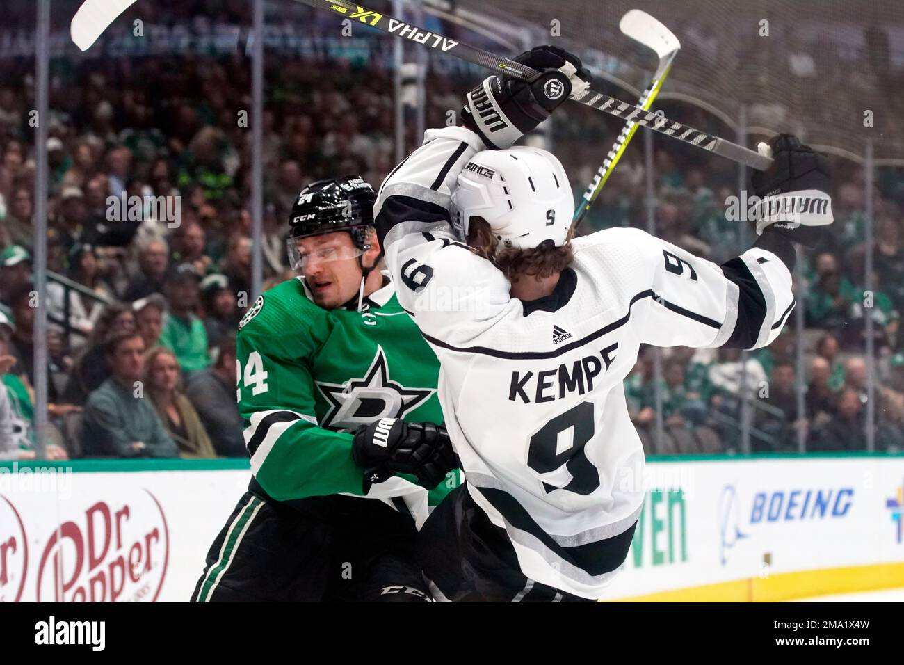 Dallas Stars center Roope Hintz (24) puts the hit on Los Angeles Kings ...