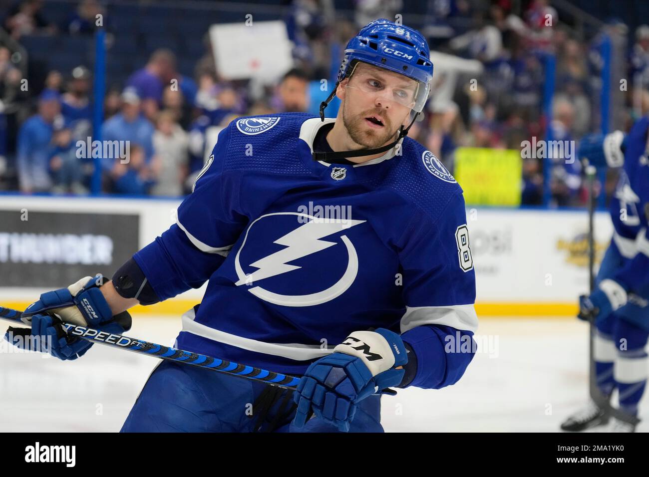 Tampa Bay Lightning defenseman Erik Cernak (81) before an NHL hockey ...