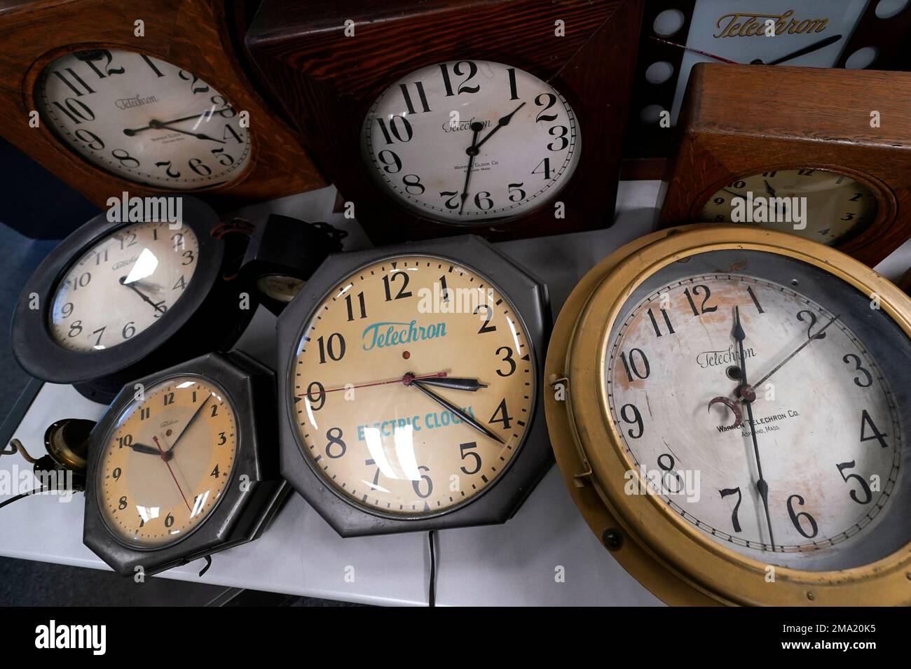 A selection of vintage clocks are displayed at Electric Time Company ...