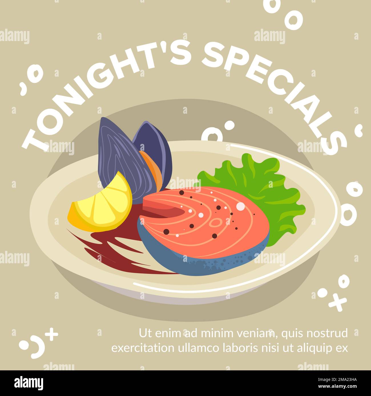 Tonight specials, mussels with salmon steak dish Stock Vector Image ...