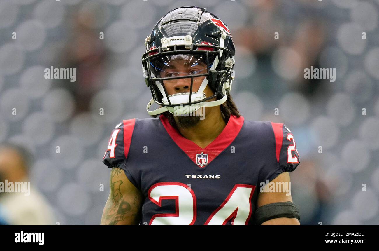 Houston Texans cornerback Derek Stingley Jr. before an NFL football game against the Tennessee ...
