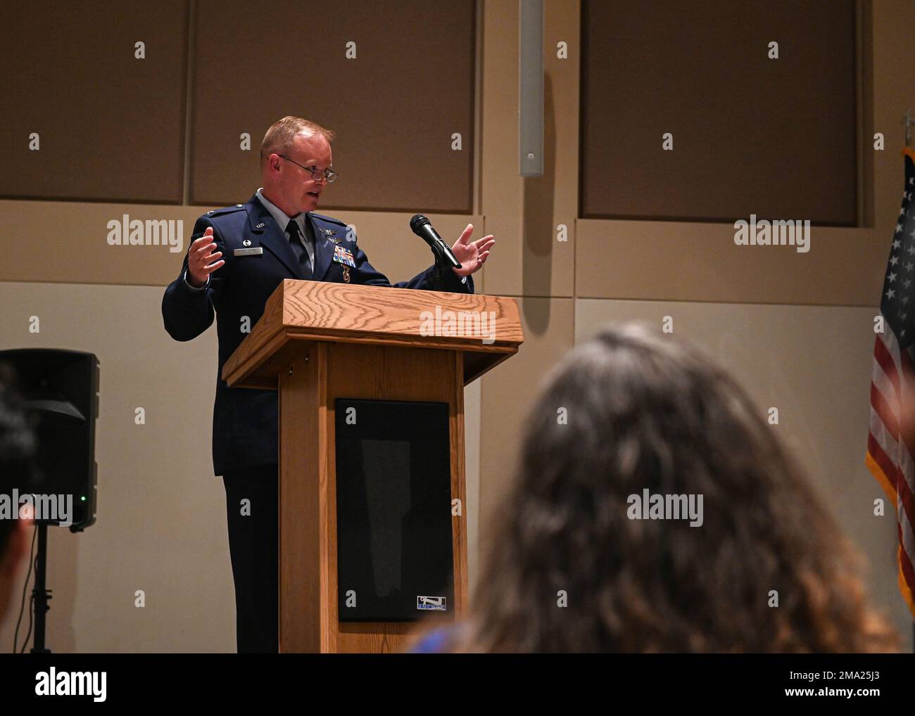Col. Brian Chellgren, 460th Mission Support Group commander, gives his ...