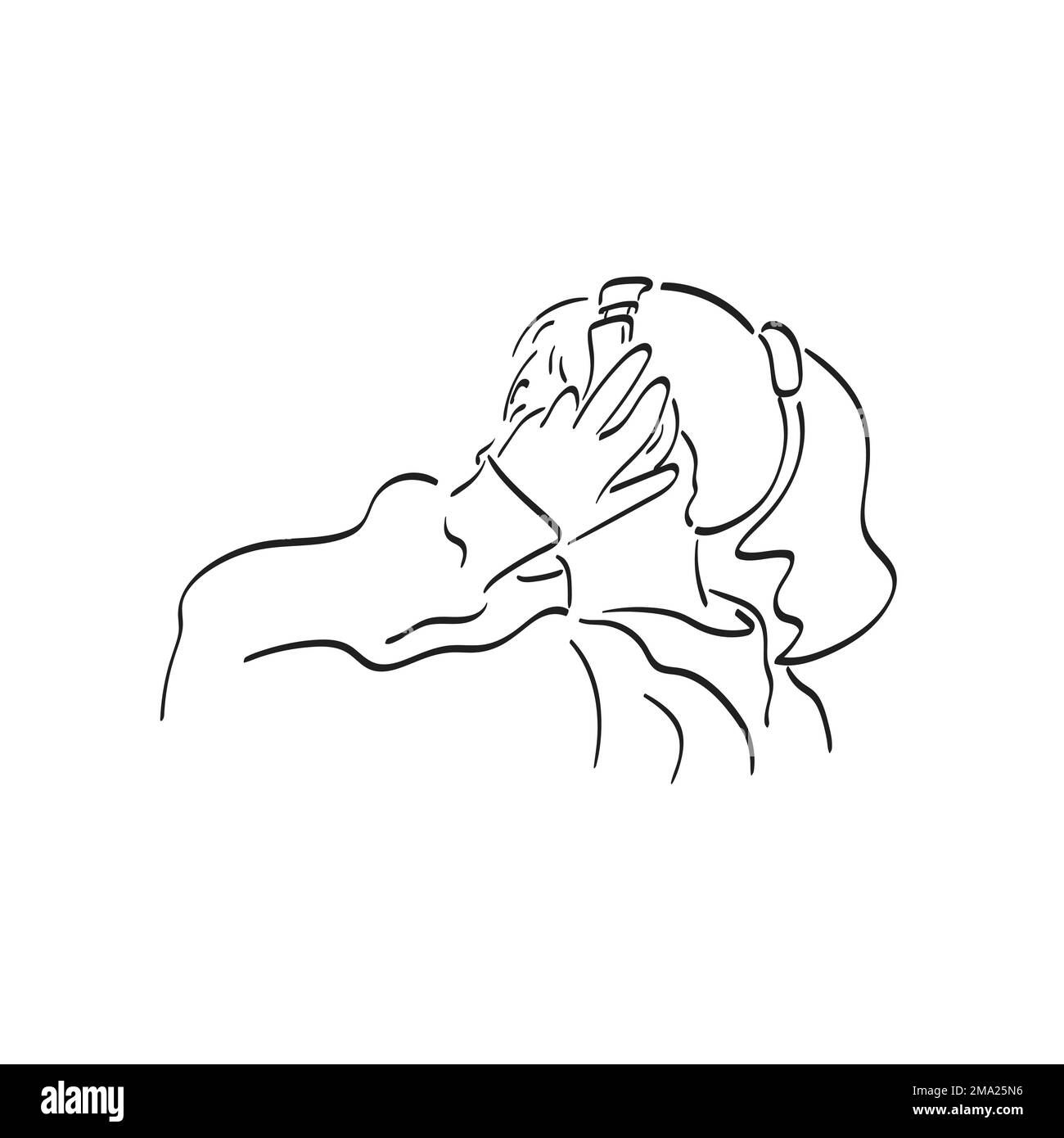 line art side view of woman listening to music through headphone ...