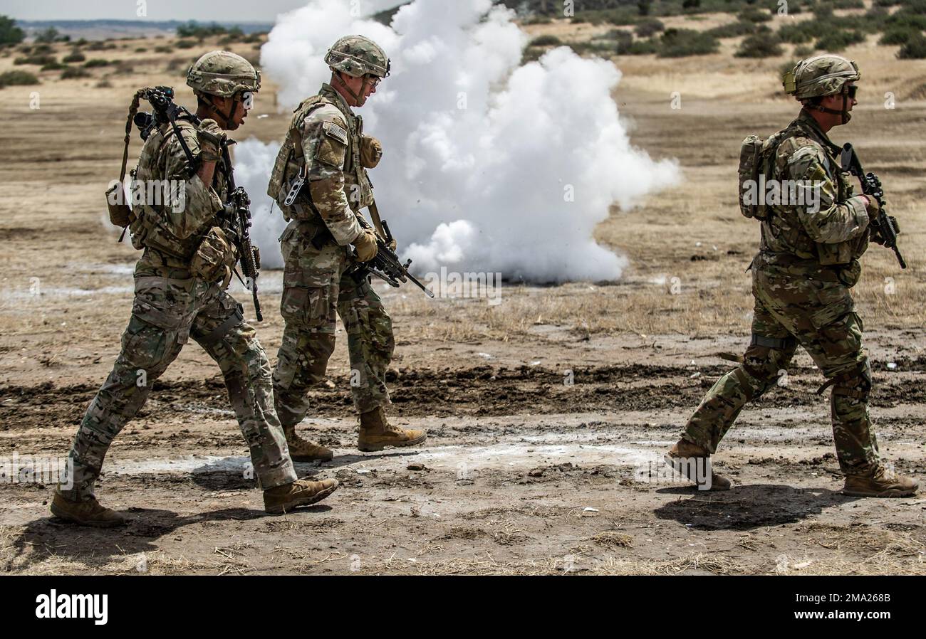 4th Infantry Division Soldiers walk past a smoke grenade as it goes off ...