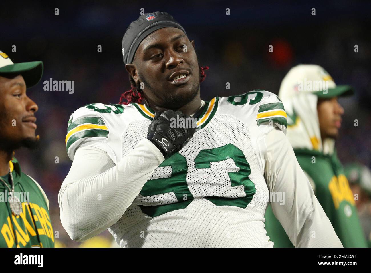 Green Bay Packers defensive tackle T.J. Slaton (93) reacts during an NFL football game against ...