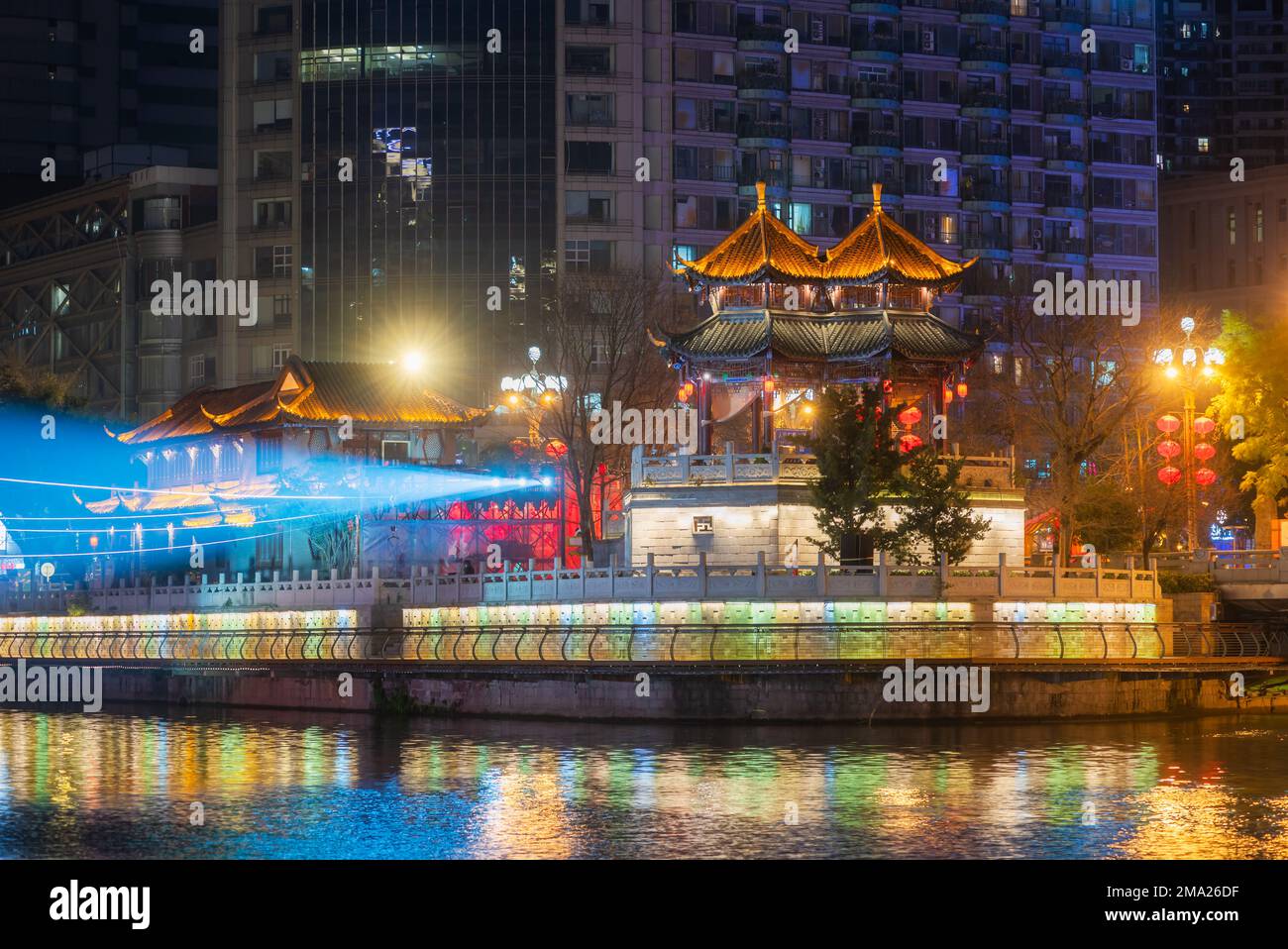 HeJiangTing pagoda and Jinjiang river at night Stock Photo - Alamy