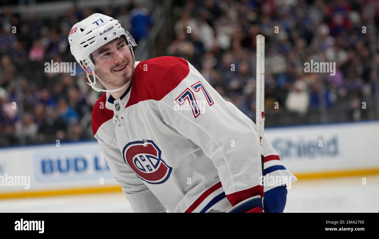 Montreal Canadiens' Kirby Dach smiles during the third period of an NHL ...