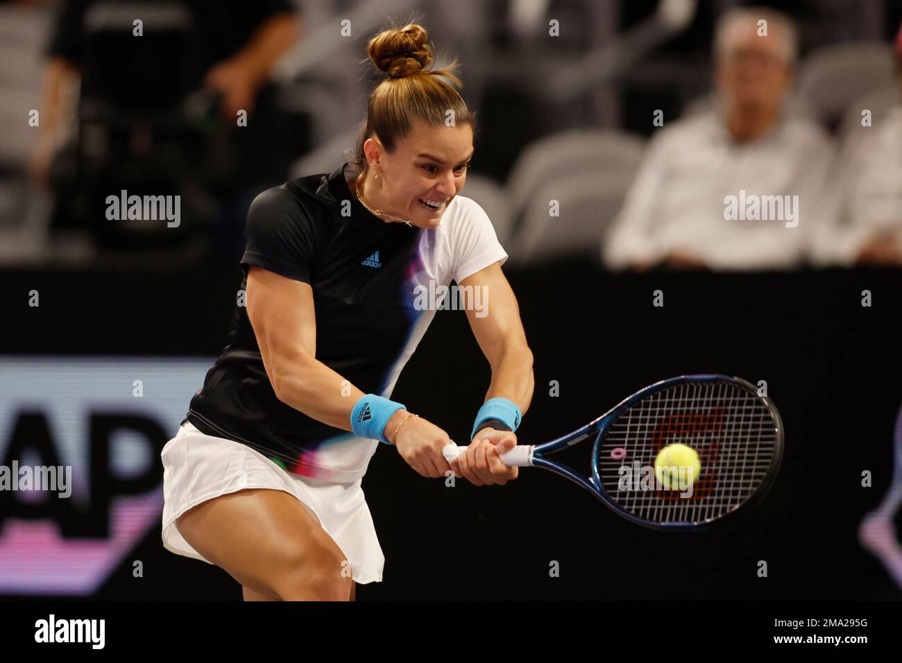 Maria Sakkari, of Greece, hits against Jessica Pegula in the WTA Finals ...