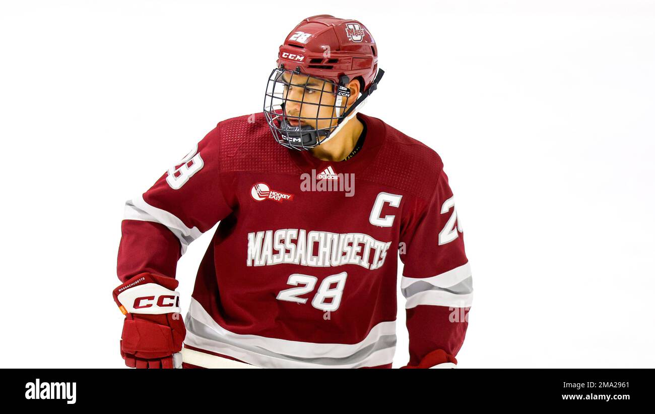 Massachusetts forward Eric Faith (28) skates during the overtime period ...