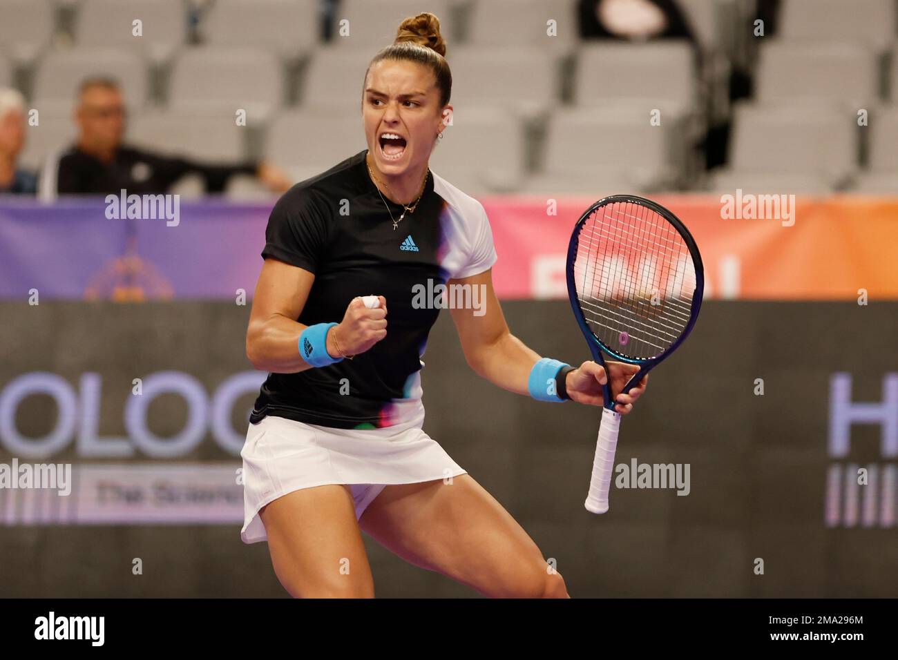 Maria Sakkari, of Greece, reacts during her match against Jessica ...