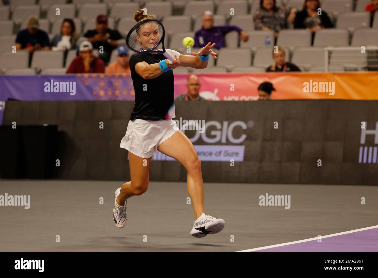 Maria Sakkari, of Greece, hits against Jessica Pegula in the WTA Finals ...