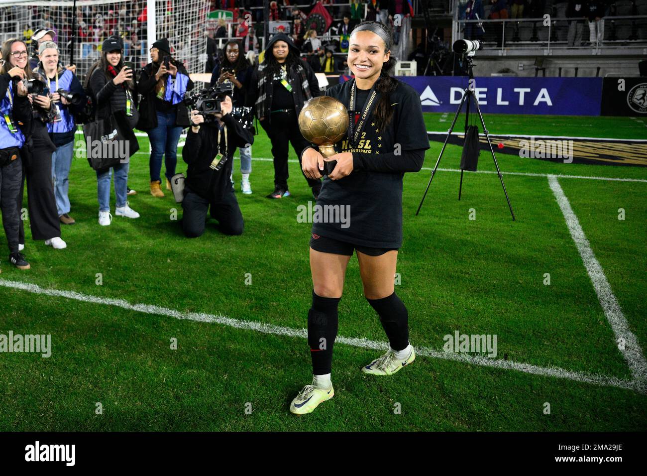 Portland Thorns FC forward Sophia Smith holds the MVP trophy after the ...