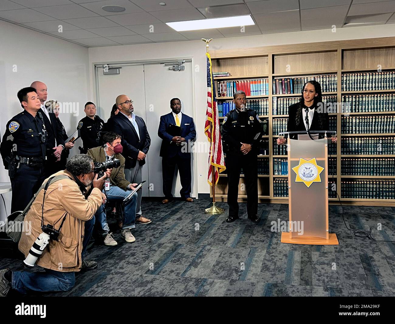 San Francisco District Attorney Brooke Jenkins addresses reporters at a ...