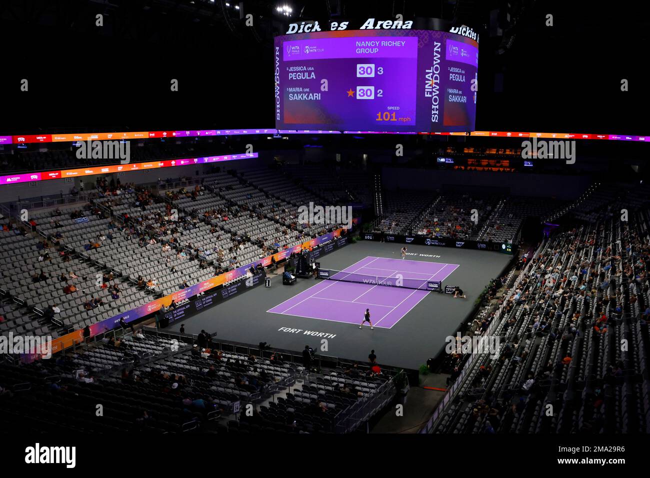 Jessica Pegula, front, and Maria Sakkari, rear, of Greece, play in the ...
