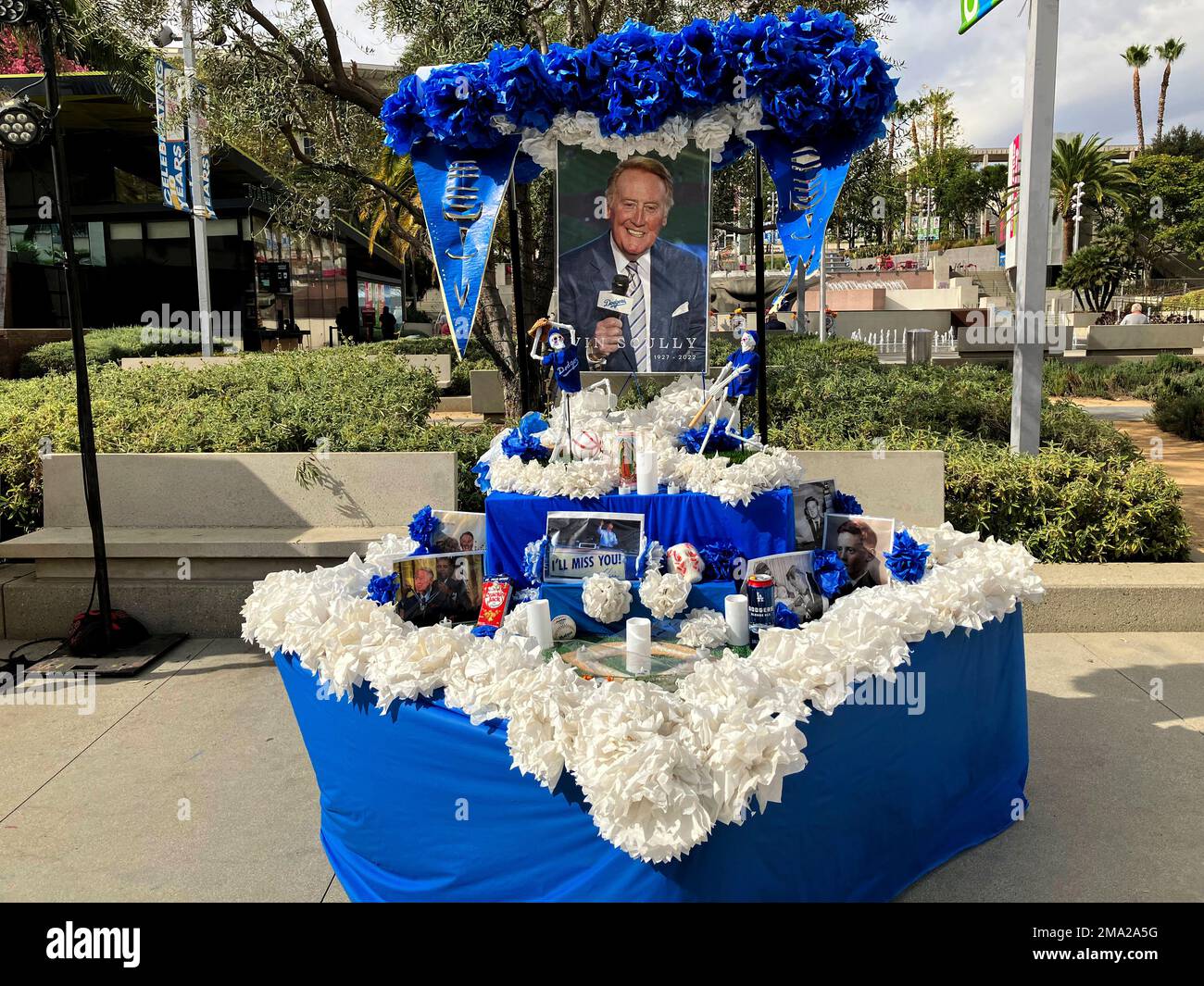 An altar remembering Vin Scully, the late voice of the Dodgers, is seen ...
