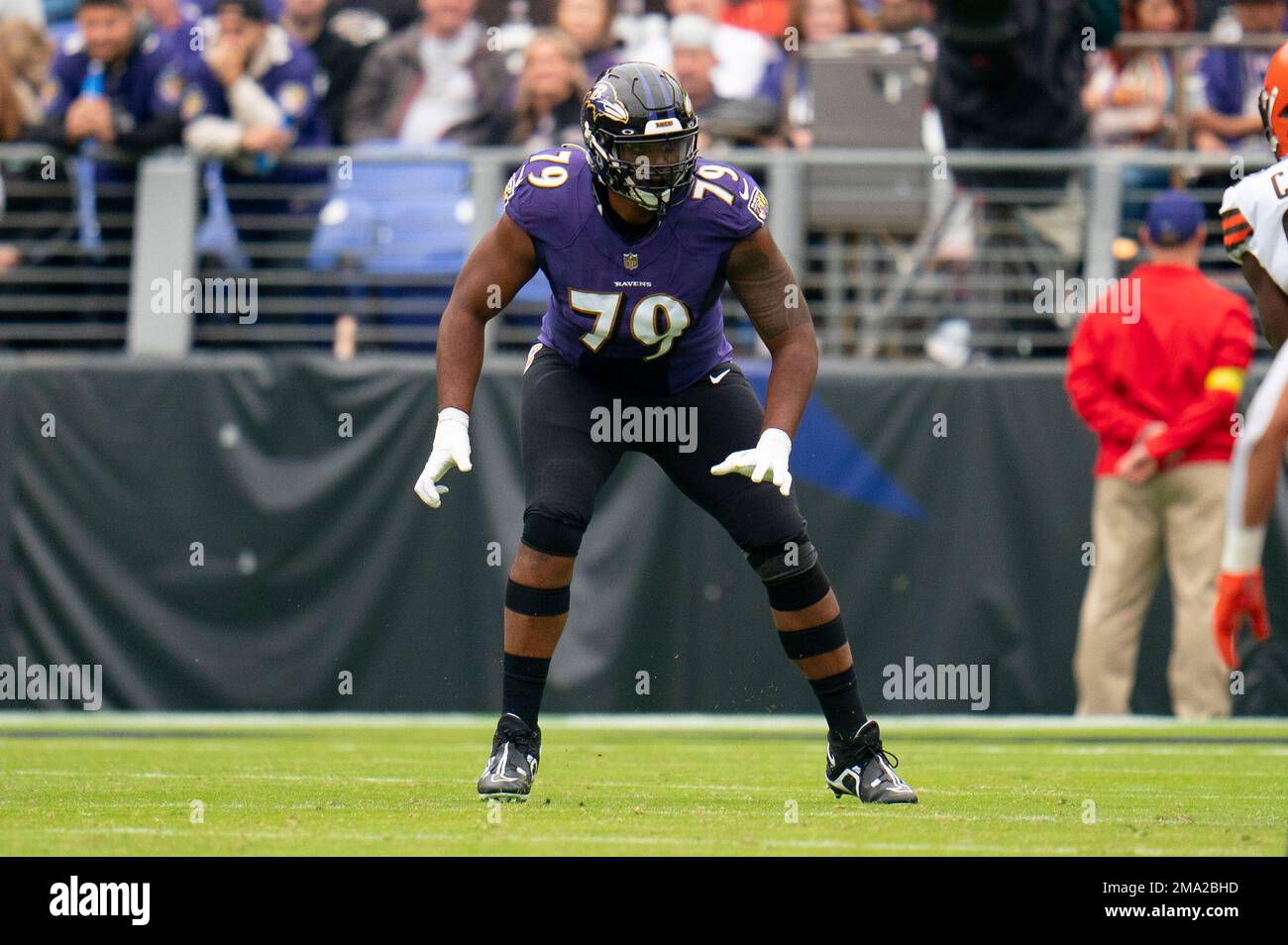 Baltimore Ravens offensive tackle Ronnie Stanley (79) drops back to ...