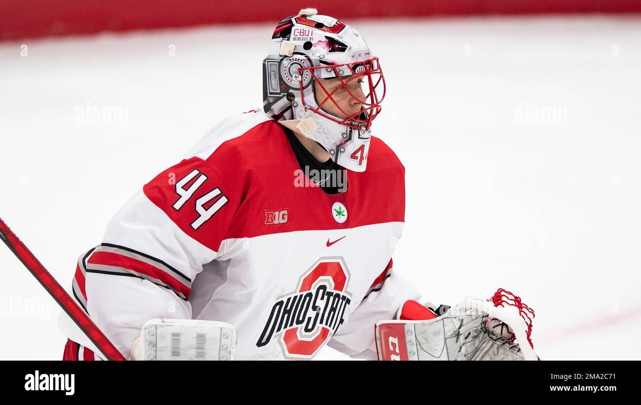 Ohio State goaltender Jakub Dobes (44) during an NCAA hockey game ...
