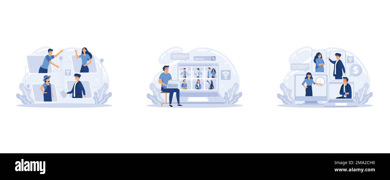 Remote working concept set. Telework and global outsourcing, Employee ...